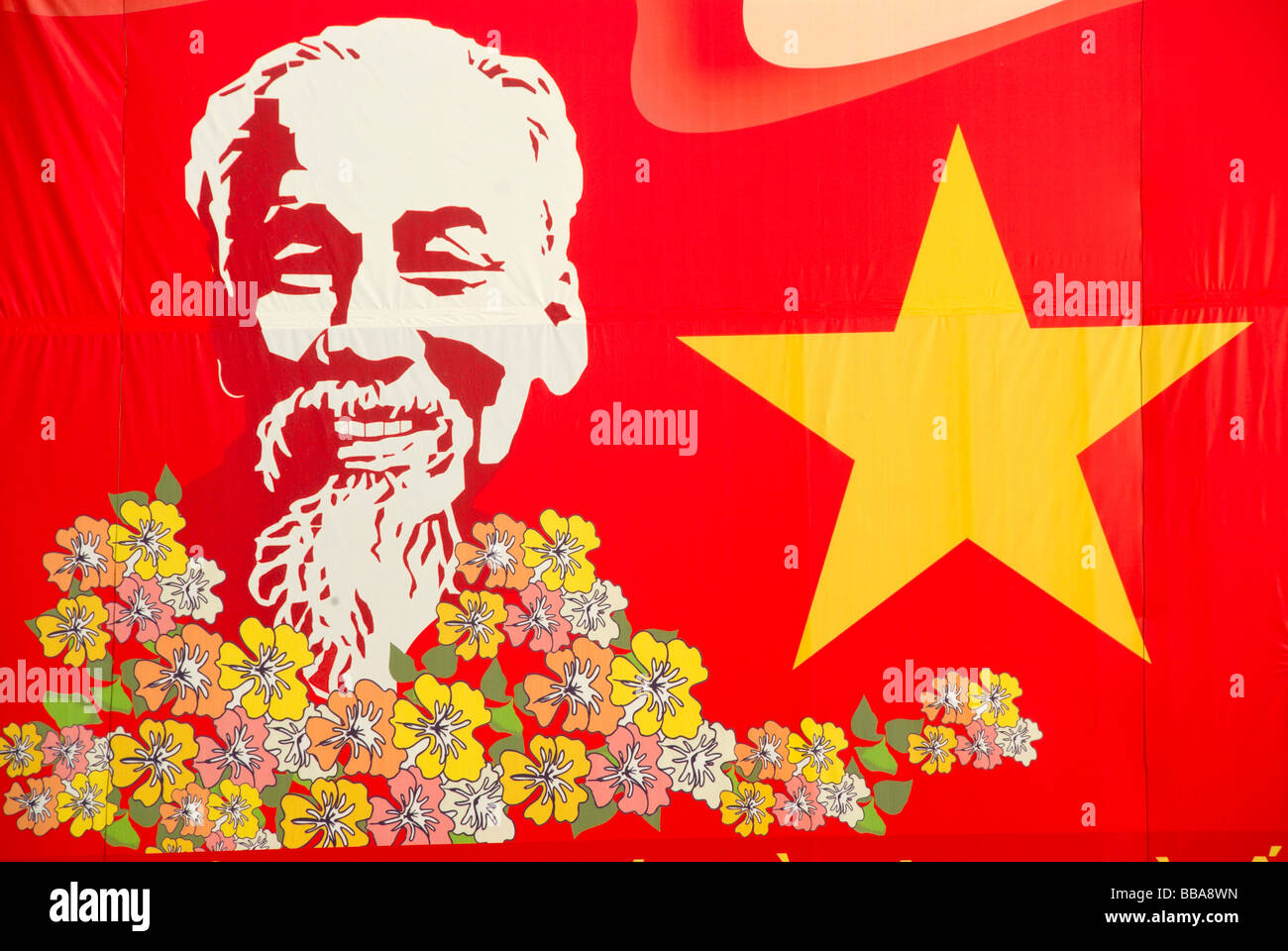 Socialist propaganda, portrait of Ho Chi Minh in flowers with a red ...