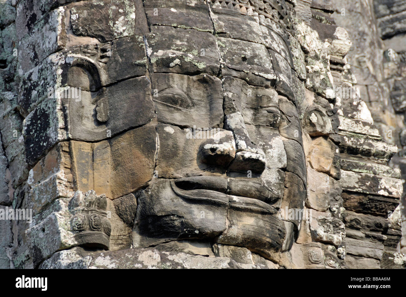 Huge face of the Bodhisattva Lokeshvara chiselled in stone, also called ...
