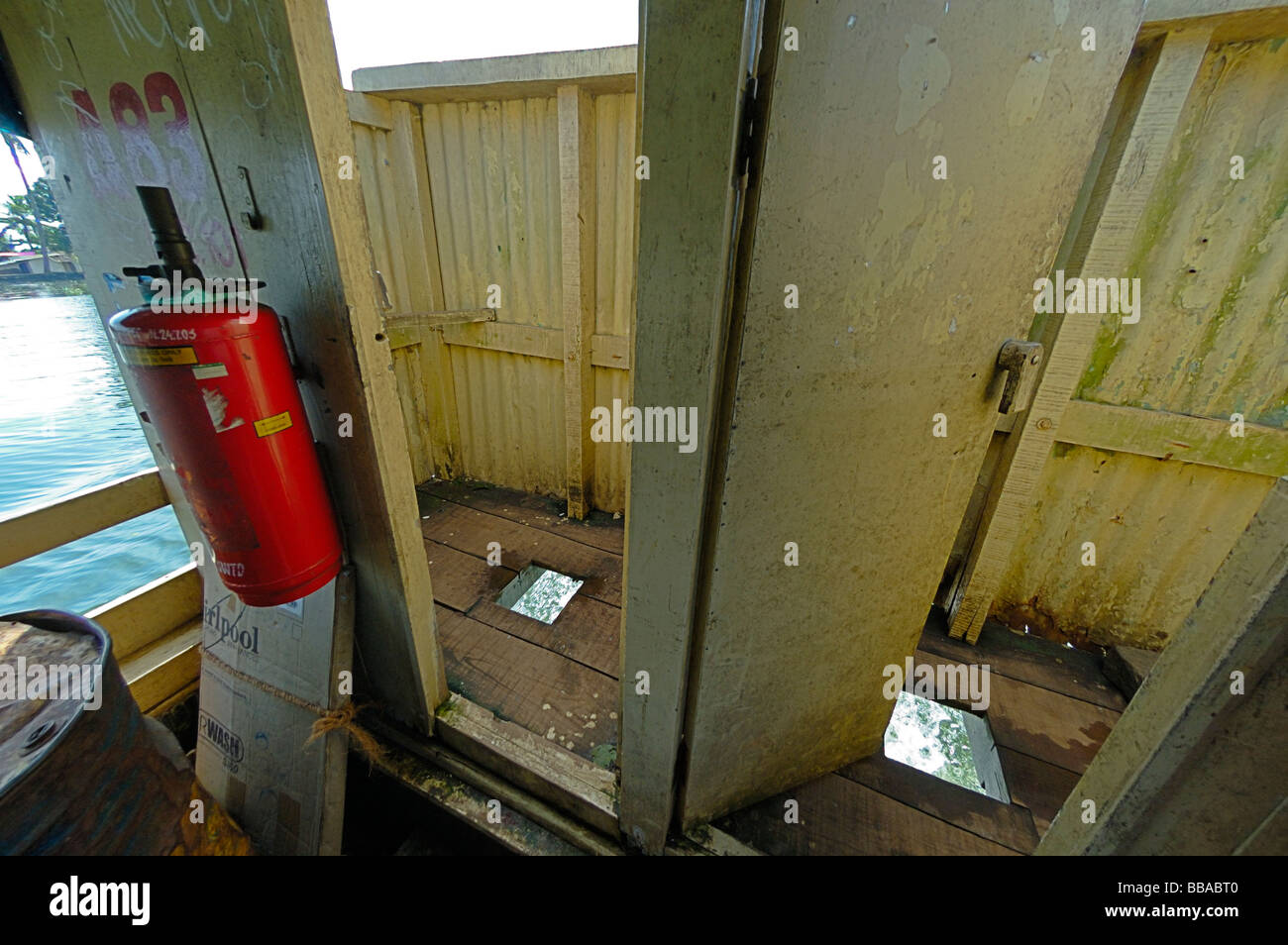 India, Kerala, Backwaters. Toilet on the public ferry in the backwaters ...