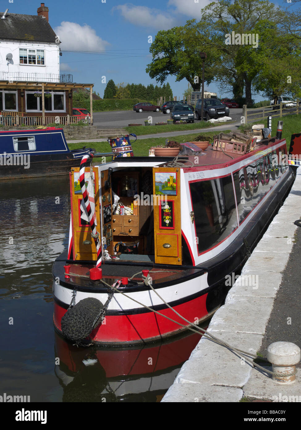 A traditionally decorated English narrow boat. Norbury Junction ...