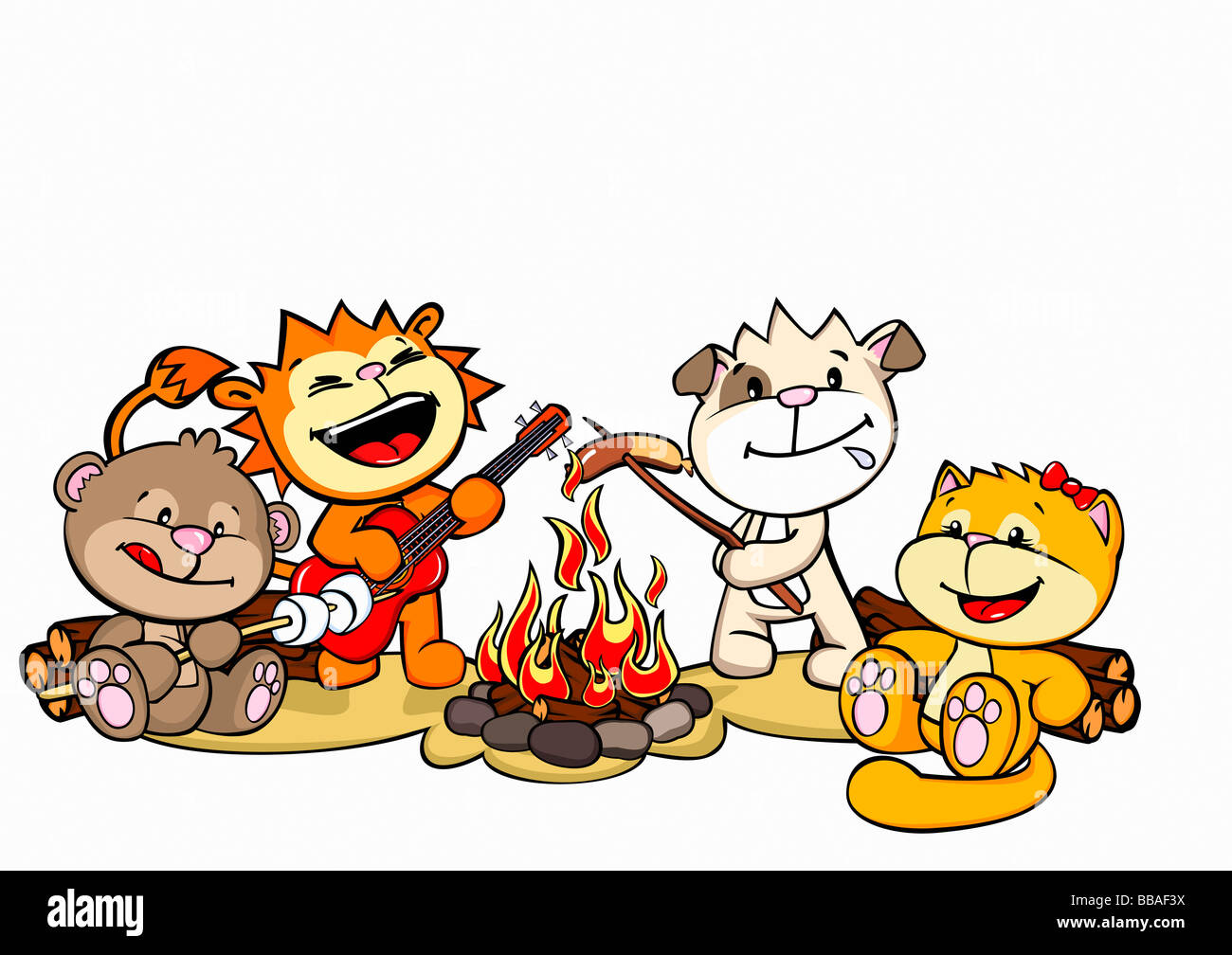 Four friends at a campfire Stock Photo - Alamy