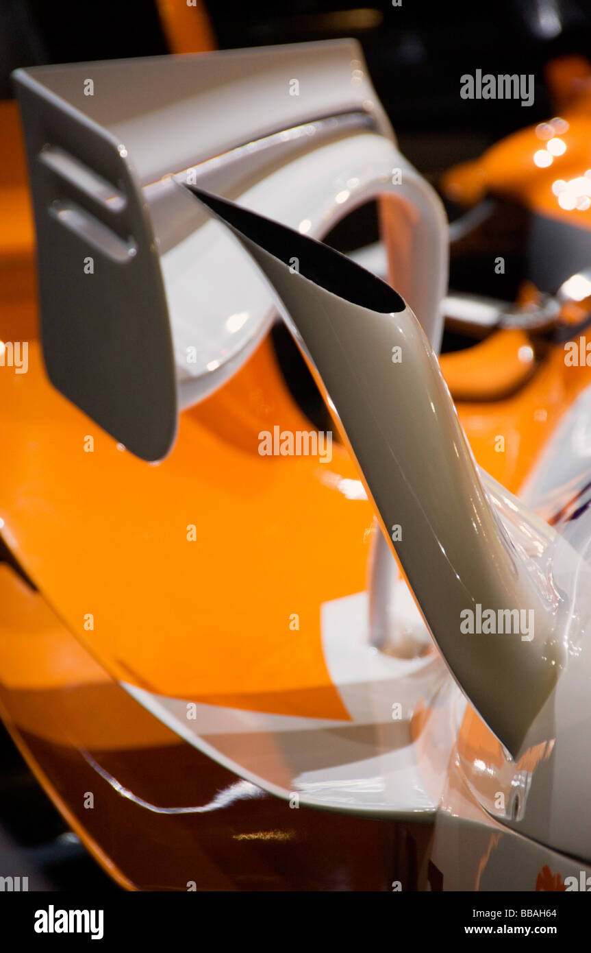 Detail of winglet and exhaust chimney, 2007 Renault F1 car on display ...