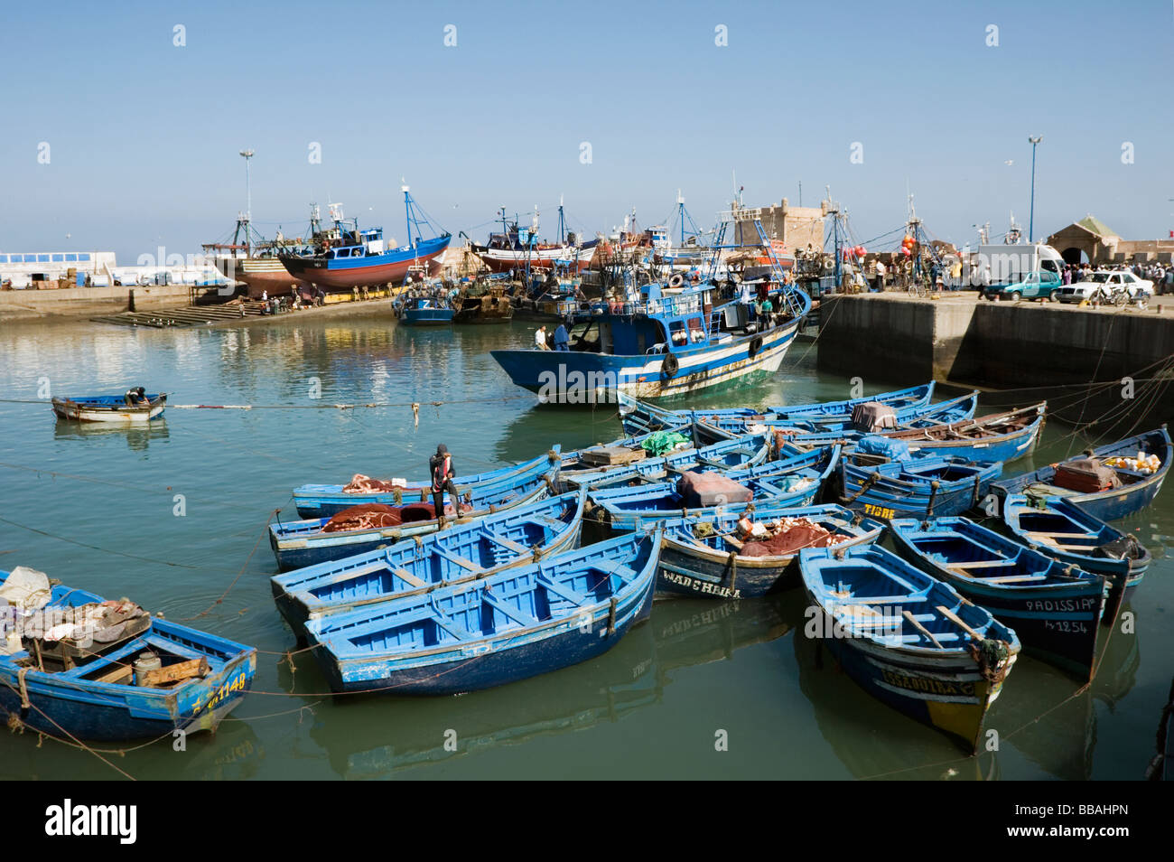 Traditional blue wooden fishing boats in harbour, the white city of ...