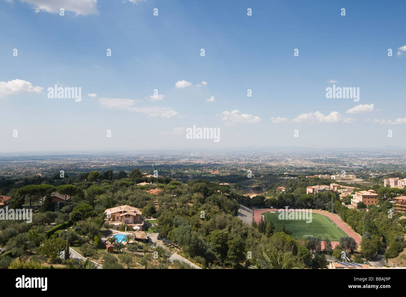 View over Grottaferrata towards Rome in the distance, the Alban Hills ...