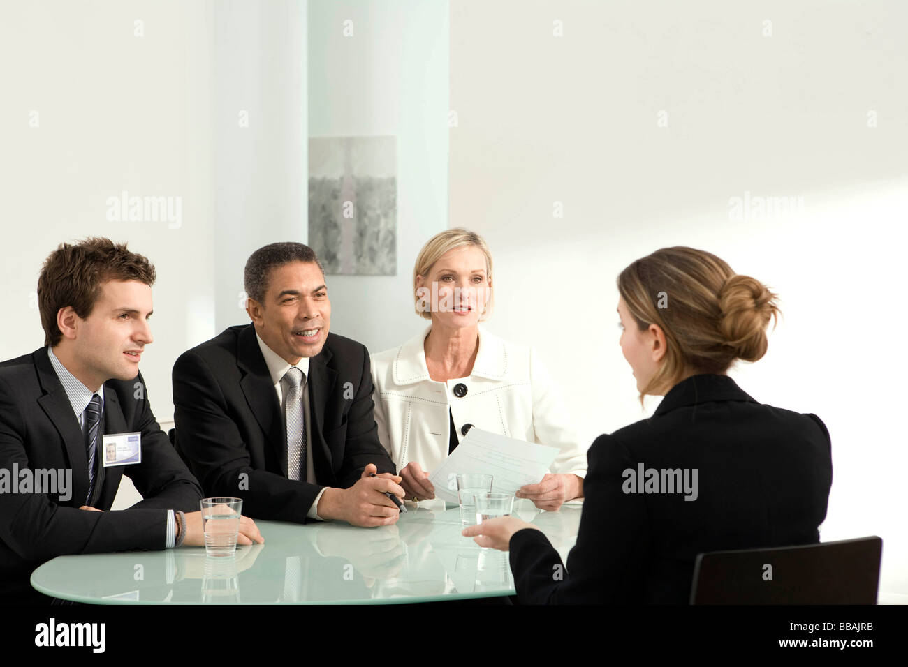 An interview in front of a panel Stock Photo - Alamy