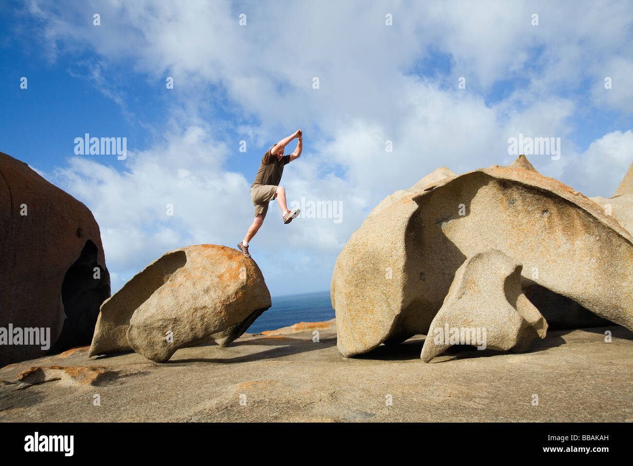 Tourist at the wind eroded landscape of Remarkable Rocks on Kangaroo ...