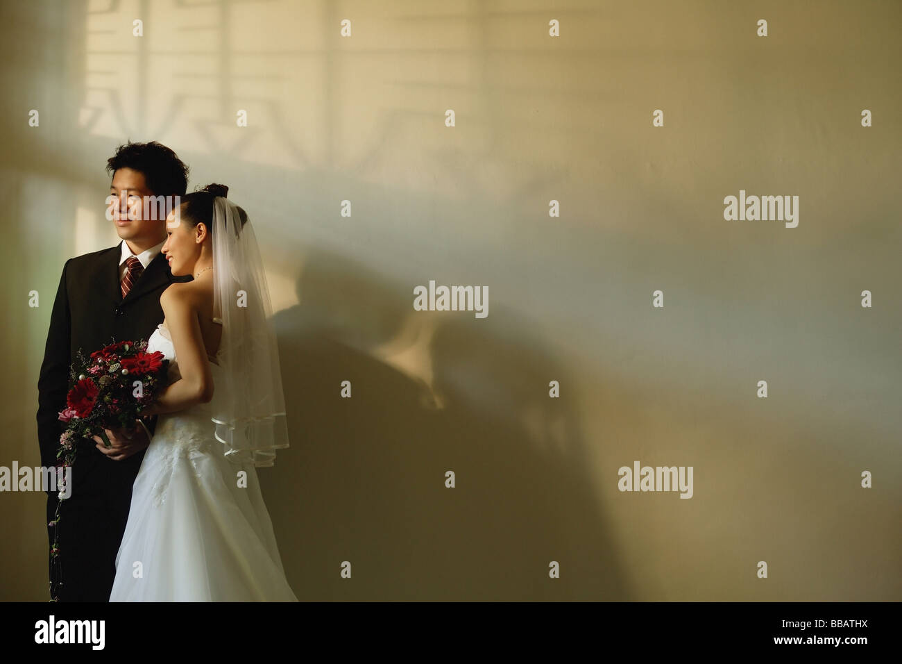 Bride and Groom, standing side by side looking away Stock Photo - Alamy