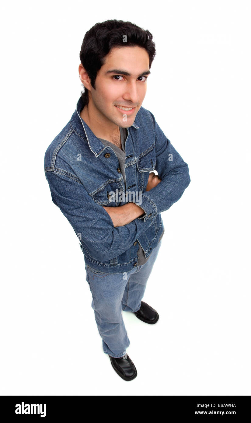 Man in denim jacket, arms crossed, looking at camera Stock Photo - Alamy