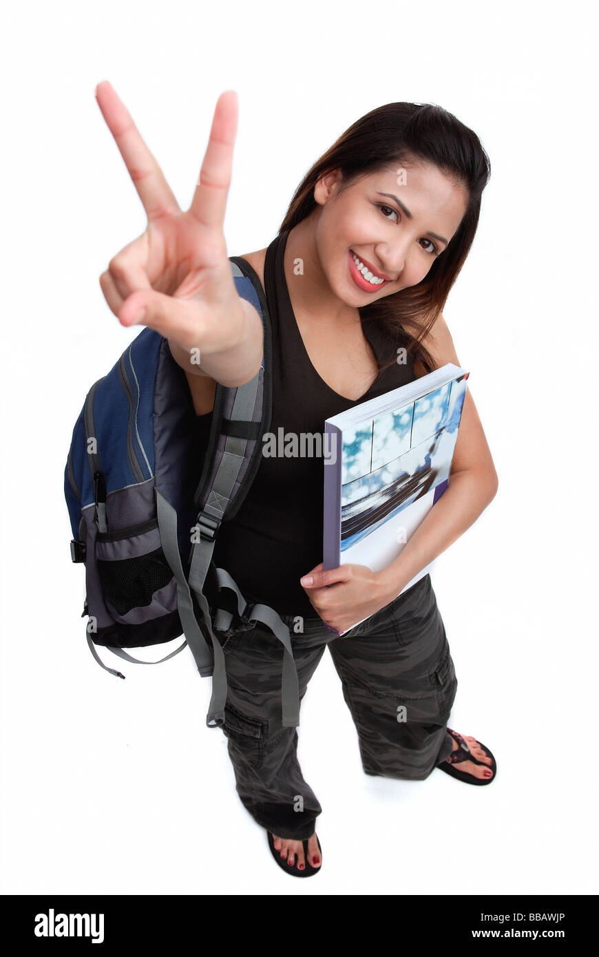 Female college student, high angle view, making hand sign Stock Photo ...