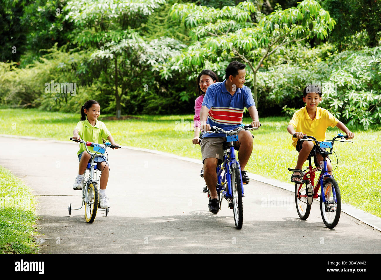 Family cycling in park Stock Photo - Alamy