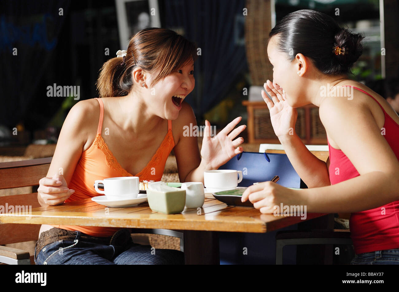 Young women at cafe, talking over coffee Stock Photo - Alamy
