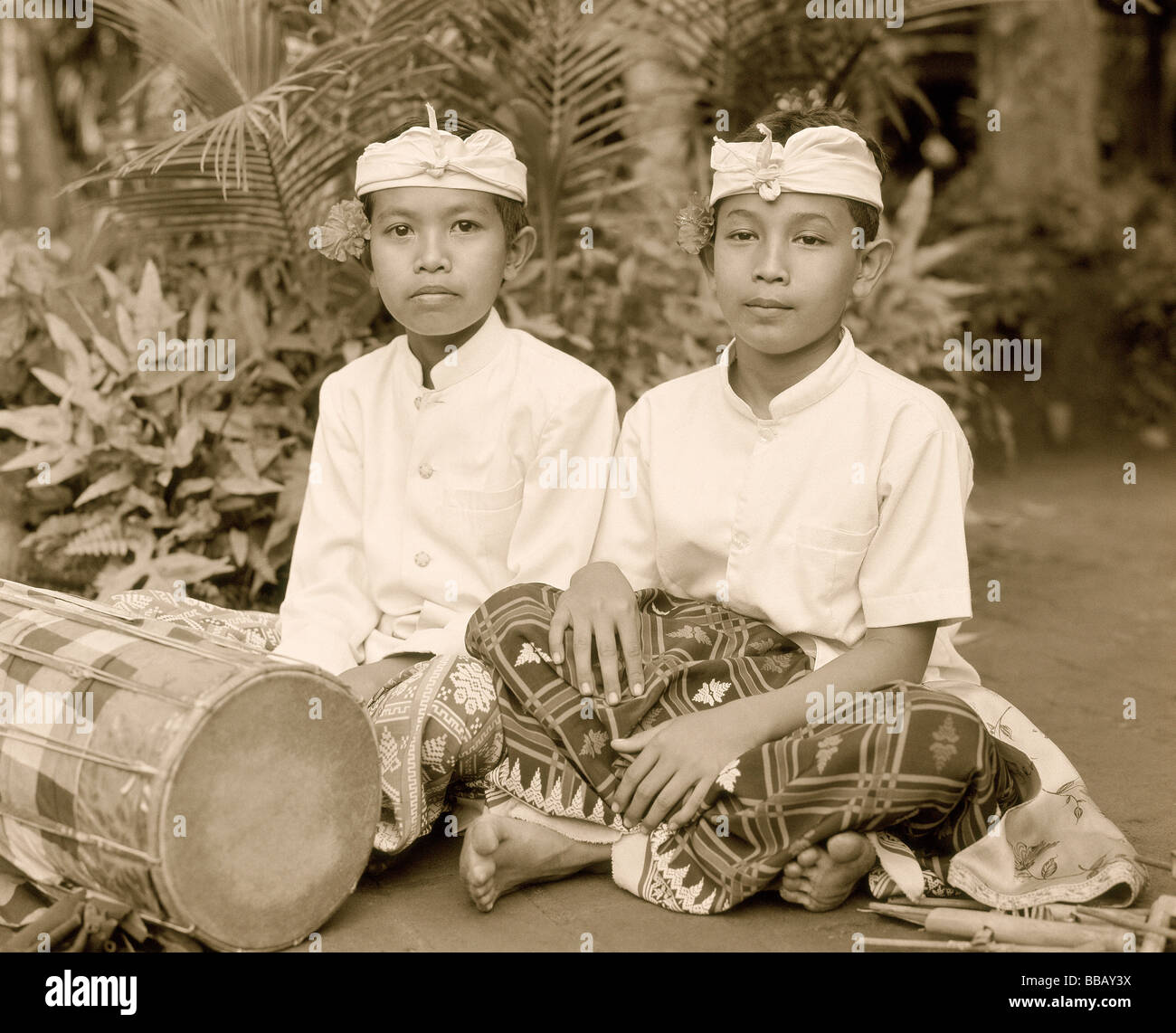 Indonesia, Bali, boys in traditional costumes with hand drum in ...