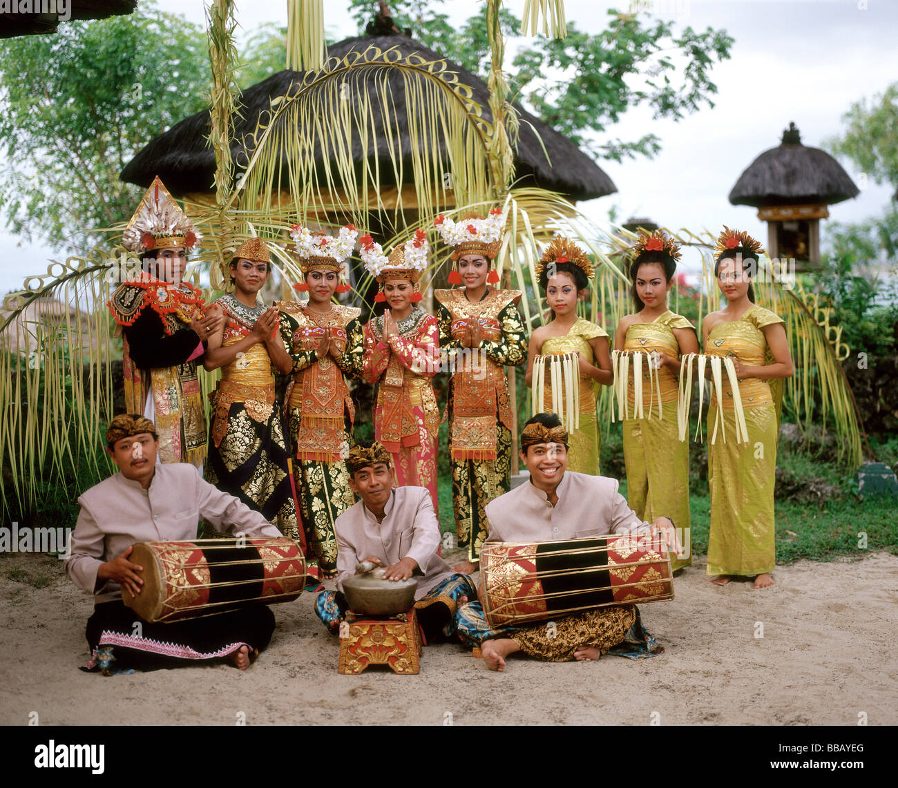 Indonesia, Bali, Balinese dancers and musicians in traditional costumes ...