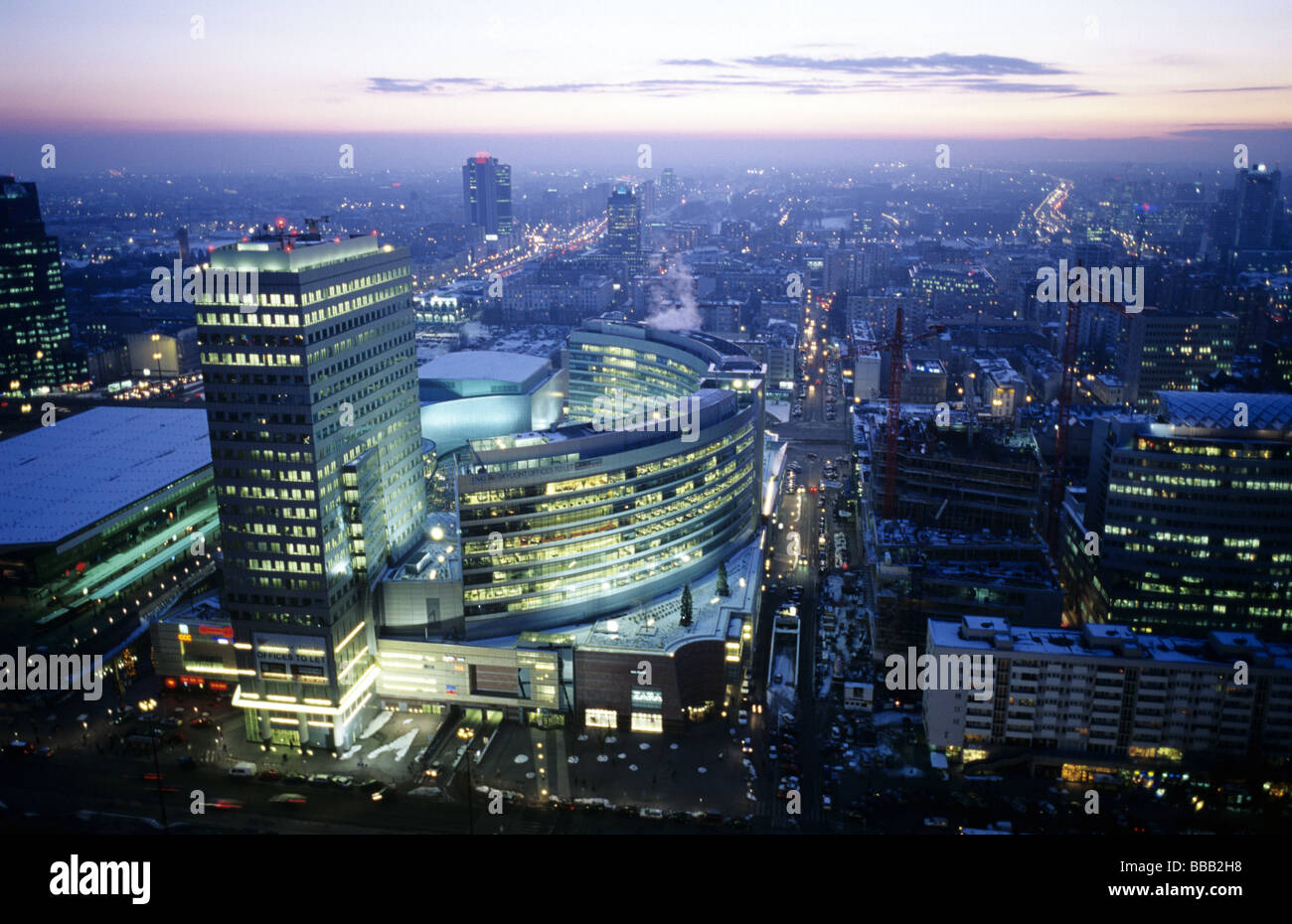 Poland Warsaw downtown skyline skyscrapers in twilight seen from the ...