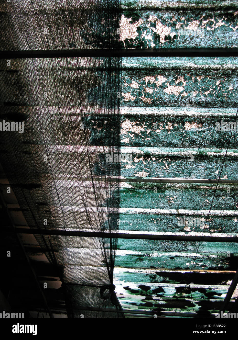 close up detail of peeling paint on plastic sheet roof on old dirty ...