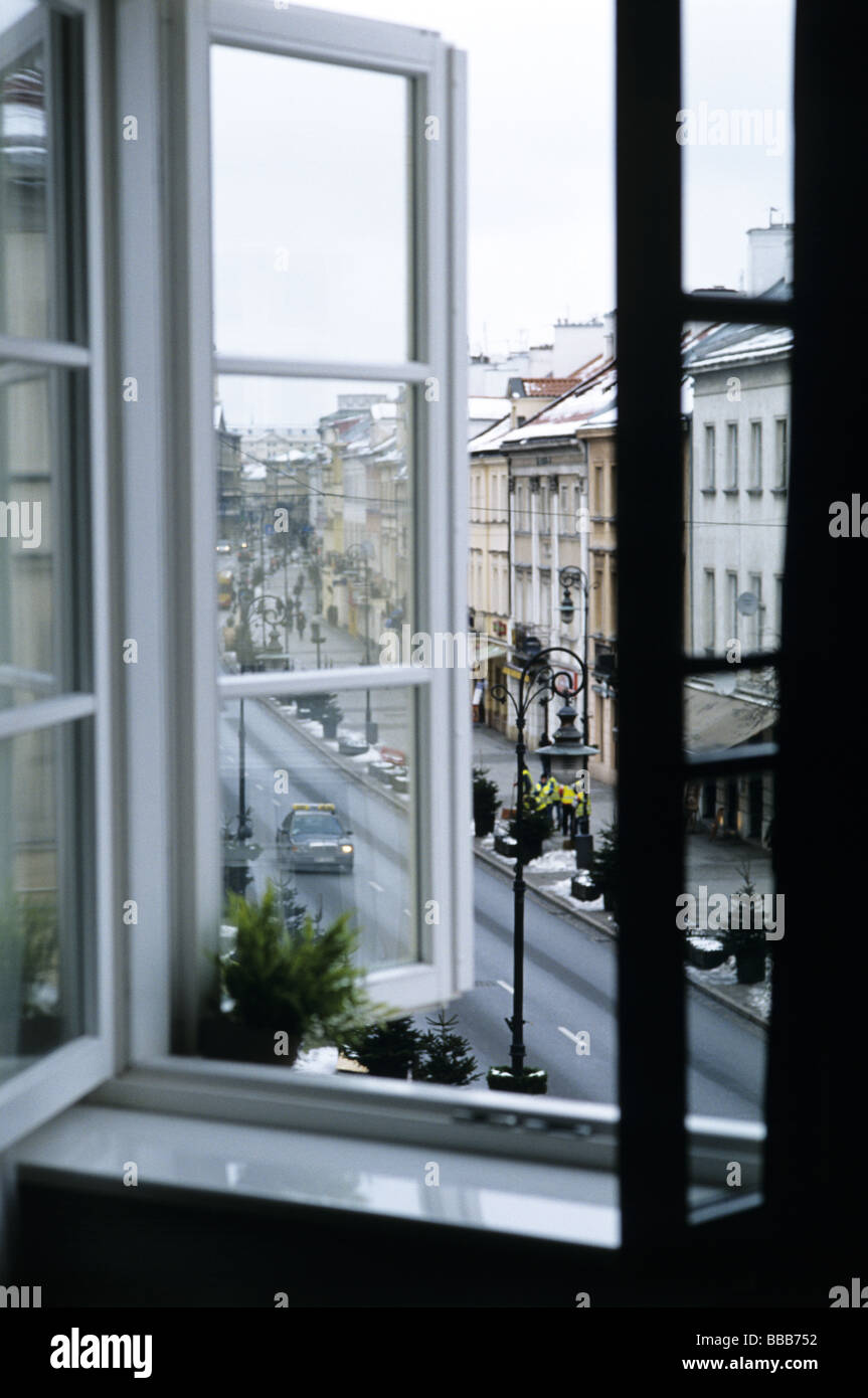Poland Warsaw Nowy Swiat street seen through the appartment window ...