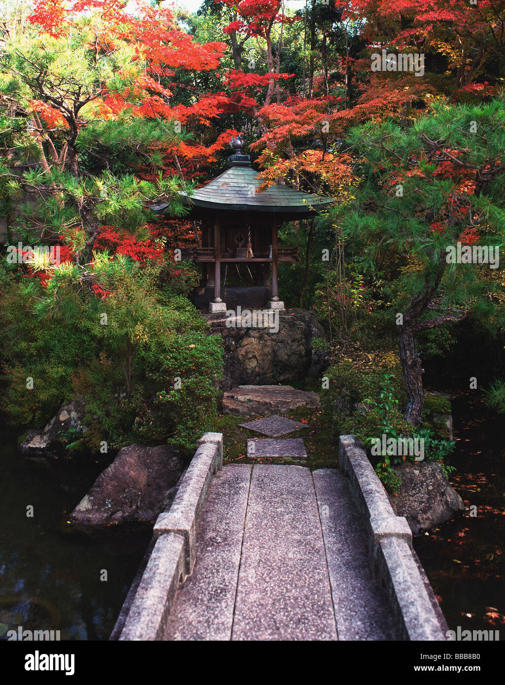 Japan, Kyoto, small stone bridge leading to domestic shrine Stock Photo ...