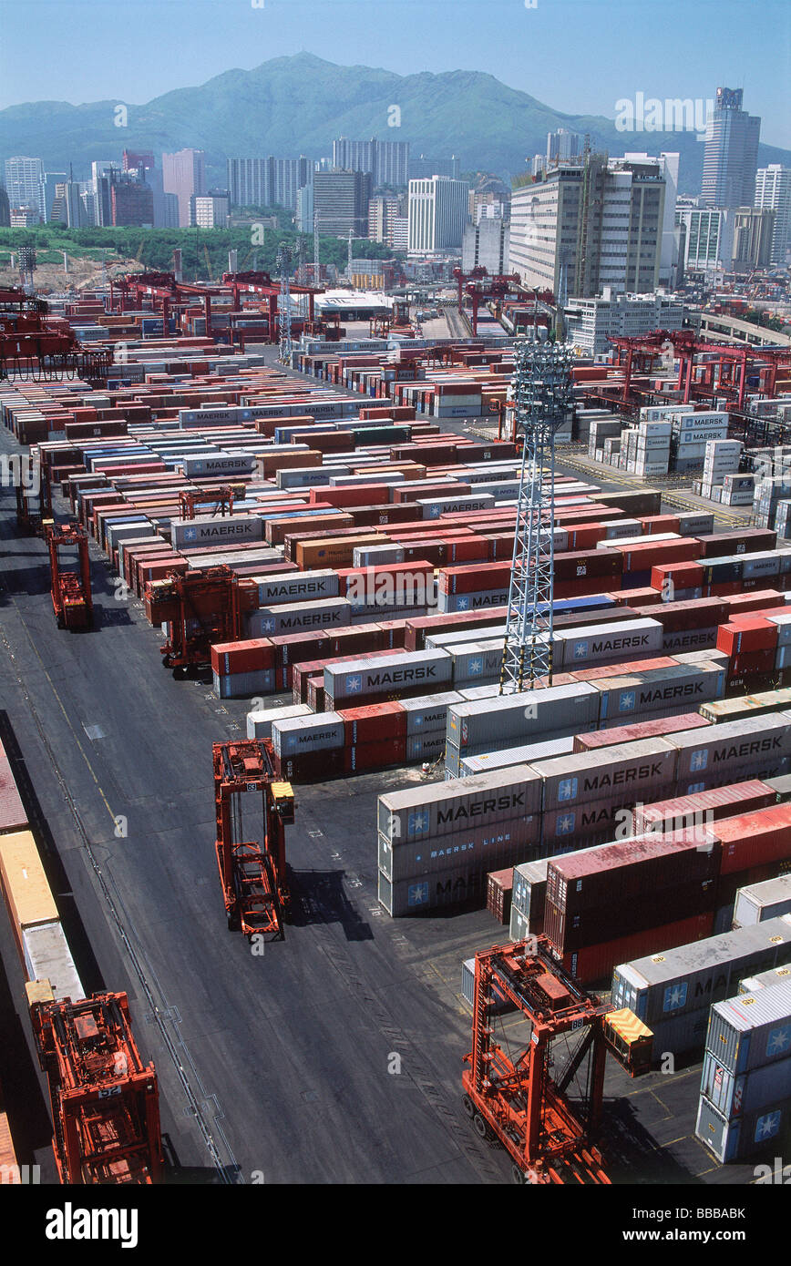 China, Hong Kong, Containers at port, buildings in background Stock ...
