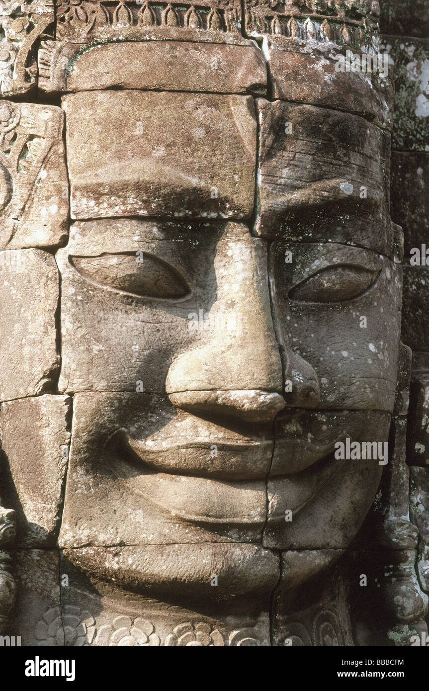 Cambodia, Angkor, Detail of stone carving at Wat Angkor Thom Stock ...