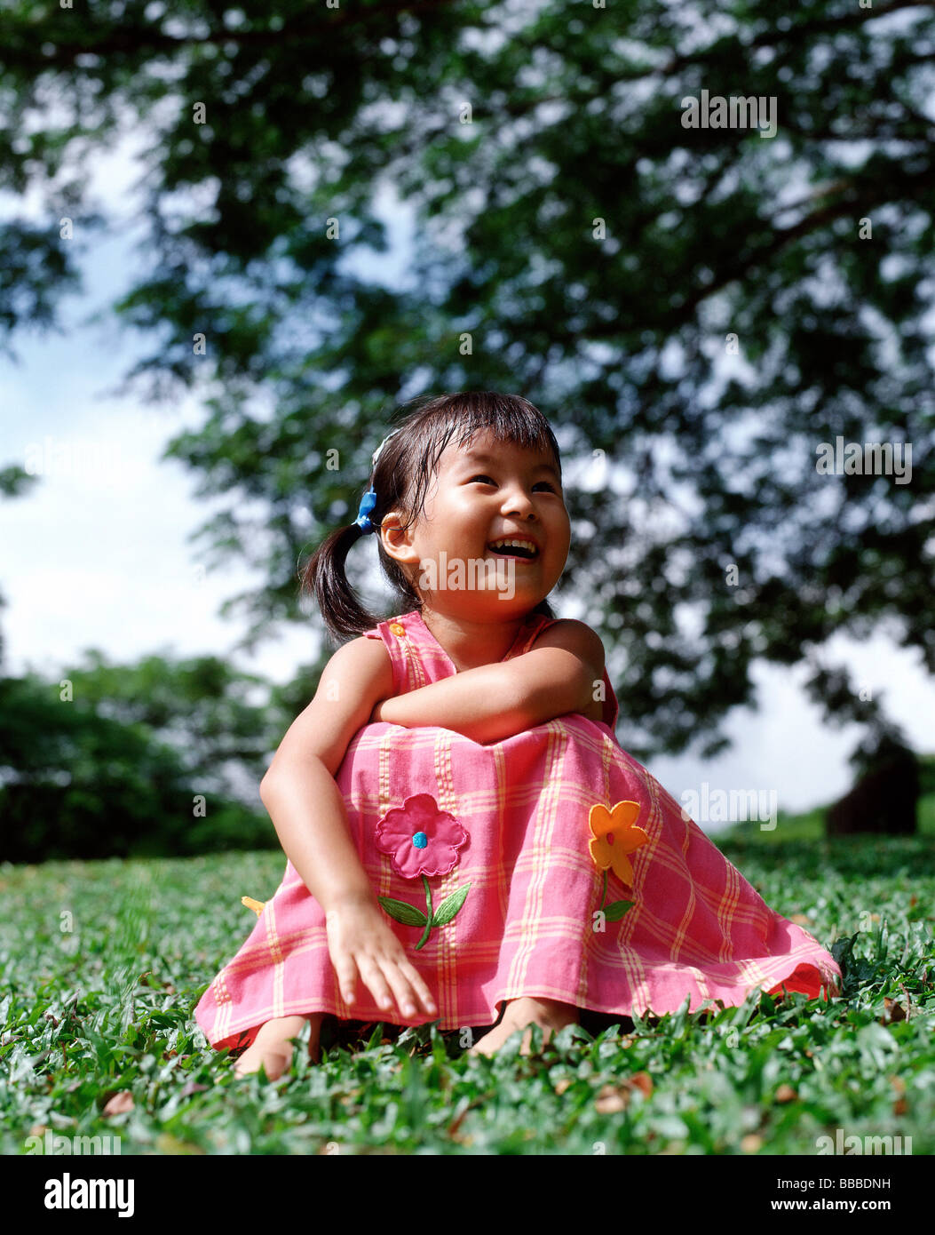 Girl sitting on grass laughing, tree in background Stock Photo - Alamy