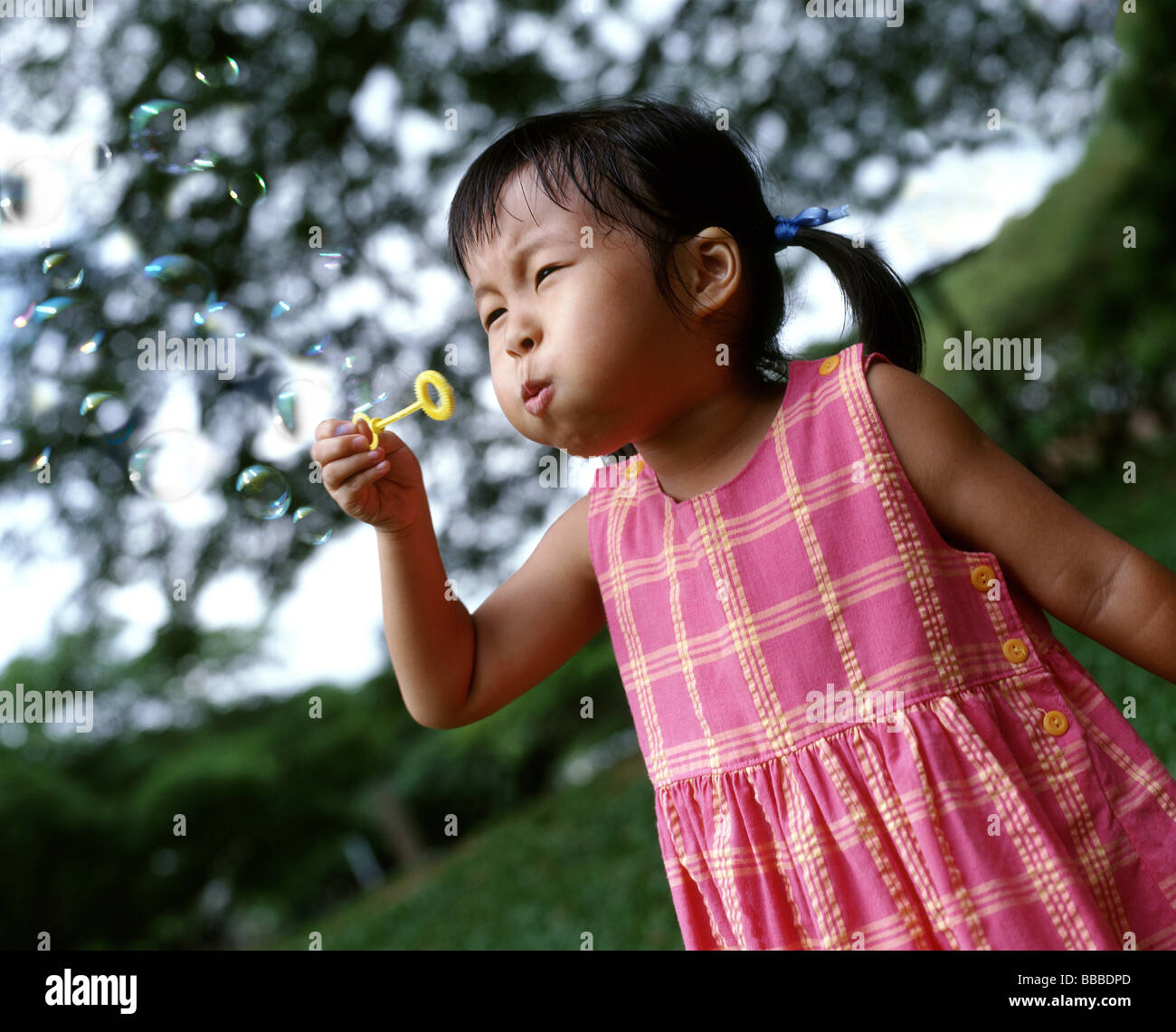 Girl blowing bubbles, tree in background Stock Photo - Alamy