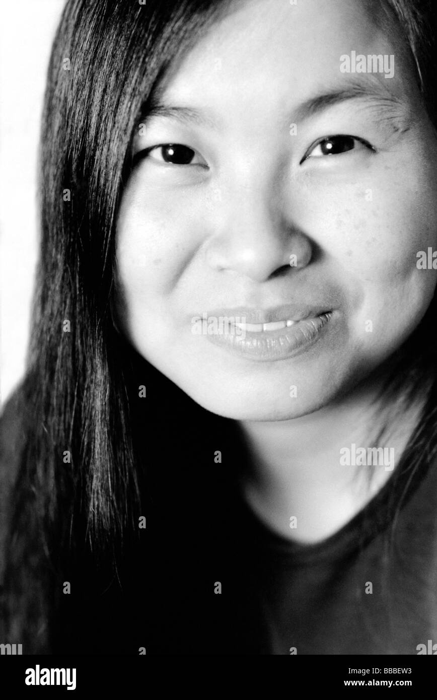 Happy portrait smiling asian woman Black and White Stock Photos ...