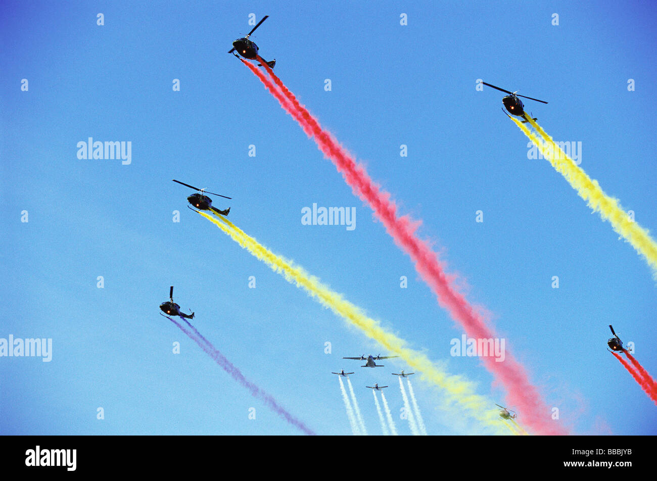 Brunei, Air force helicopters and planes conduct a fly-by to celebrate ...