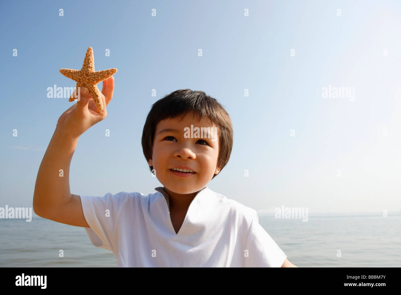 Young boy holding shell at the beach Stock Photo - Alamy