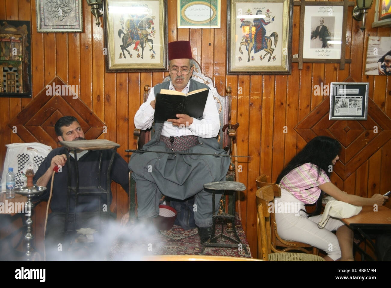 Traditional story teller or 'hakawati' at the Al- Nawfars coffee house ...