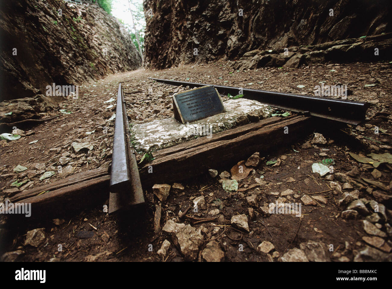 Thailand, Kanchanaburi, Hellfire Pass, A section of train tracks ...