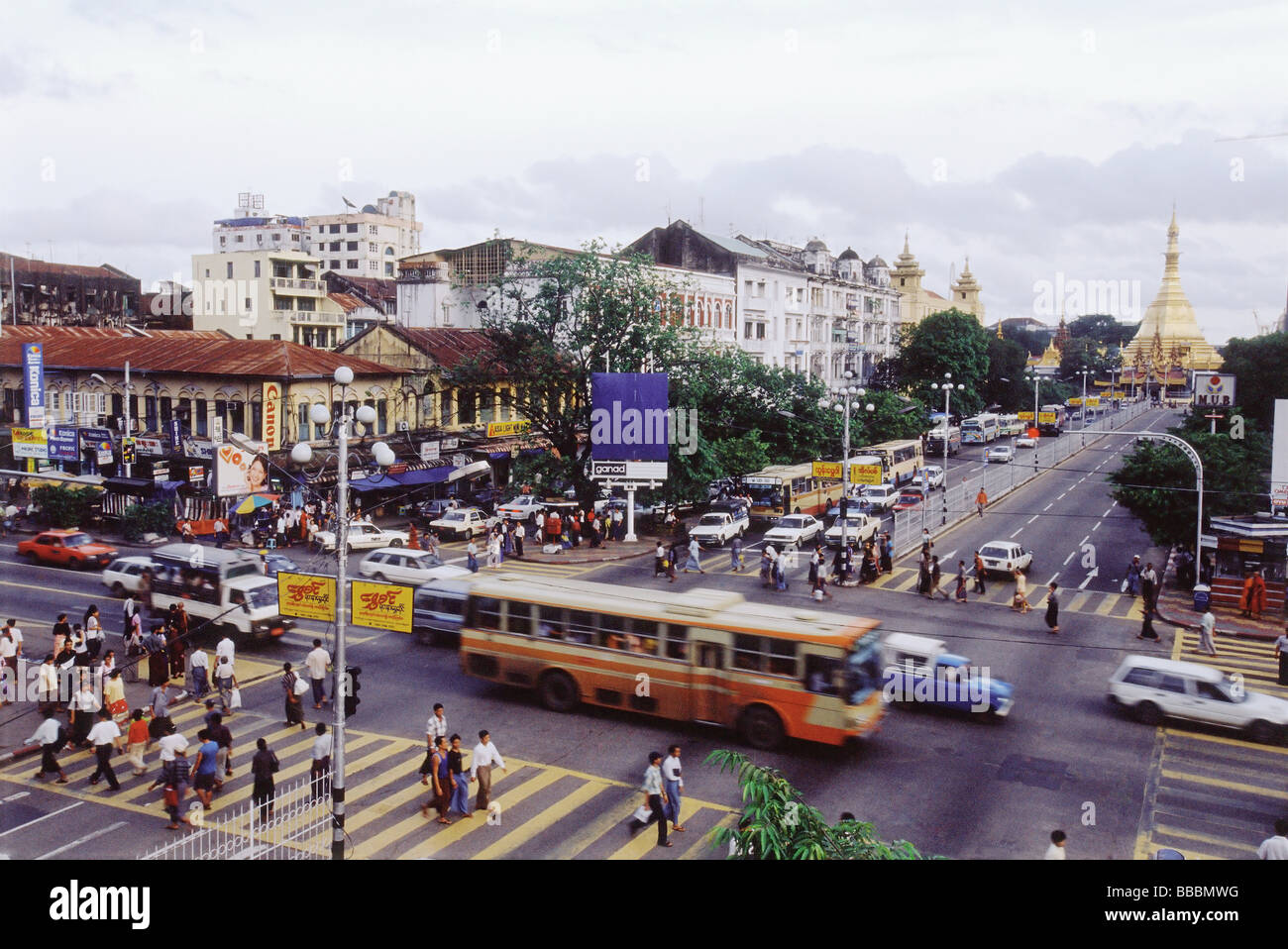 Myanmar (Burma), Yangon (Rangoon), Busy intersection, views of old ...