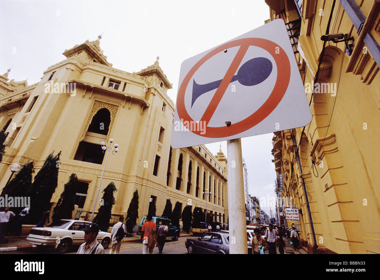 Myanmar (Burma), Yangon (Rangoon), A No Horns sign near the side of the ...