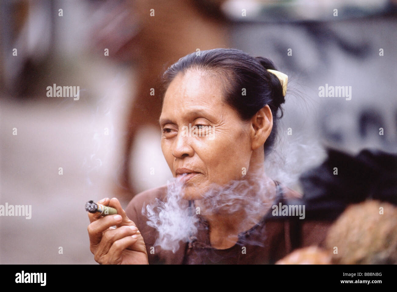 Myanmar (Burma), Yangon (Rangoon), A Burmese woman smoking a homegrown ...