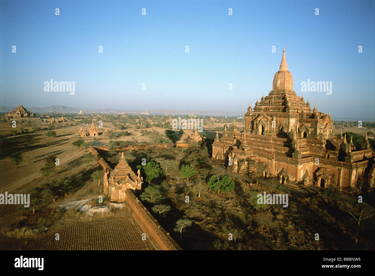 Myanmar (Burma), Bagan, View from hot-air balloon over the temples of ...