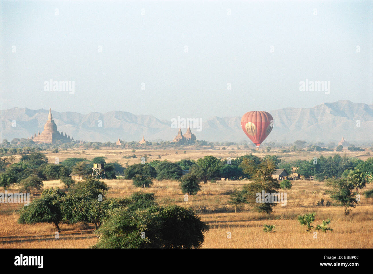 Myanmar (Burma), Bagan, View from hot-air balloon over the temples of ...