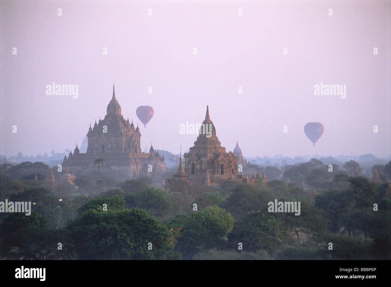 Myanmar (Burma), Bagan, Hot-air balloons over the temples of Bagan ...