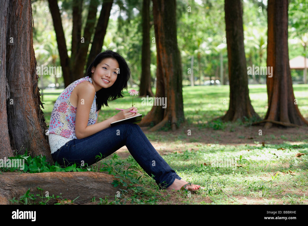 Young woman sitting under a tree, smiling, looking away Stock Photo - Alamy