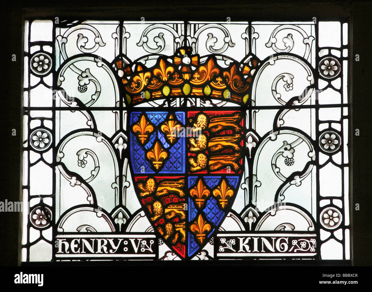 Stained glass window in The Great Hall in Winchester, England depicting ...