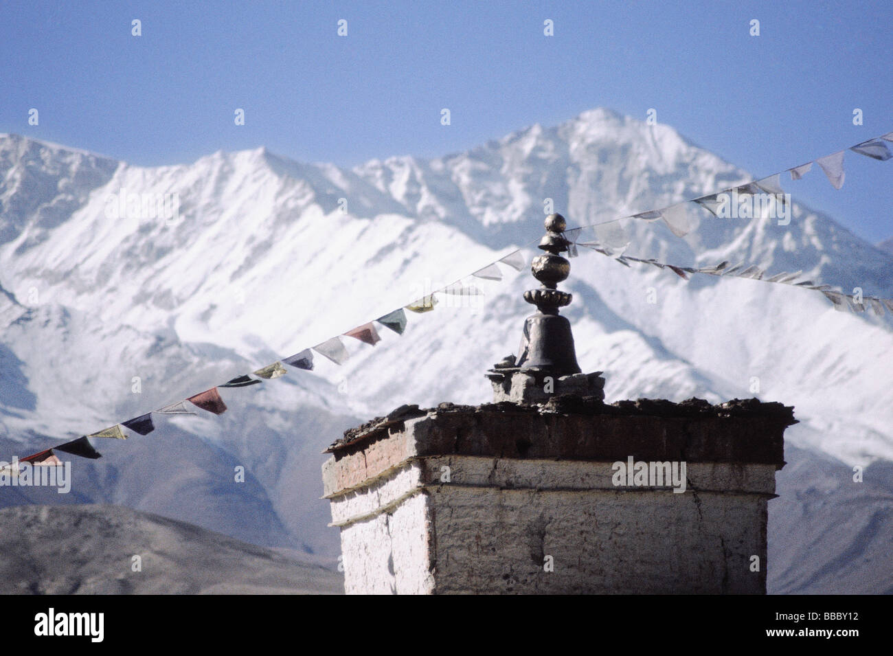 Nepal, Mustang, Ancient chortens, mountains in background Stock Photo ...