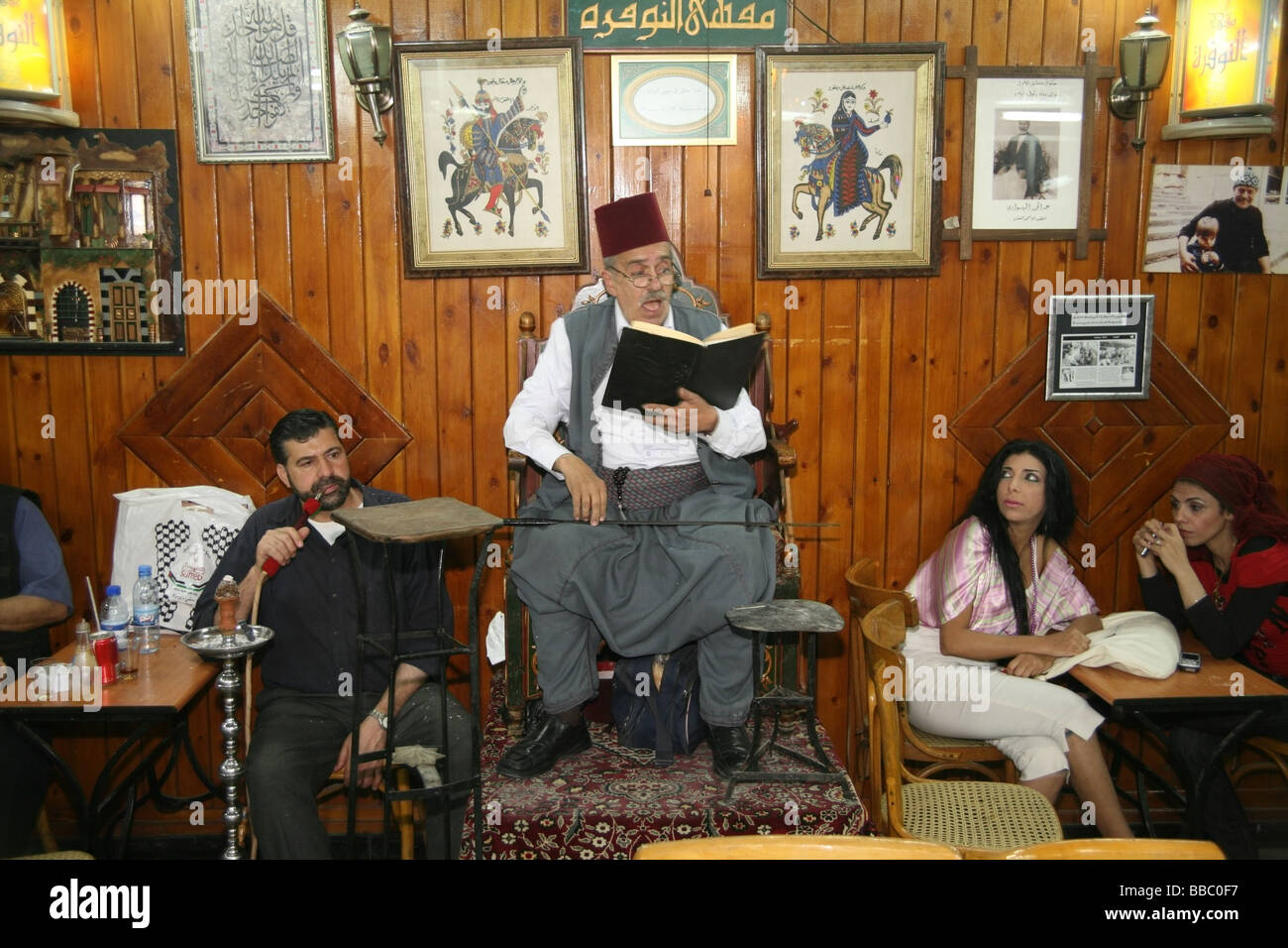 Traditional story teller or 'hakawati' at the Al- Nawfars coffee house ...
