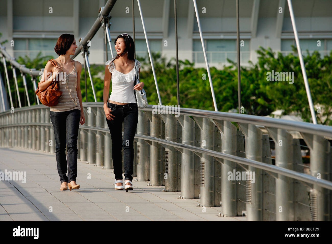 Two friends walk across a bridge together Stock Photo - Alamy