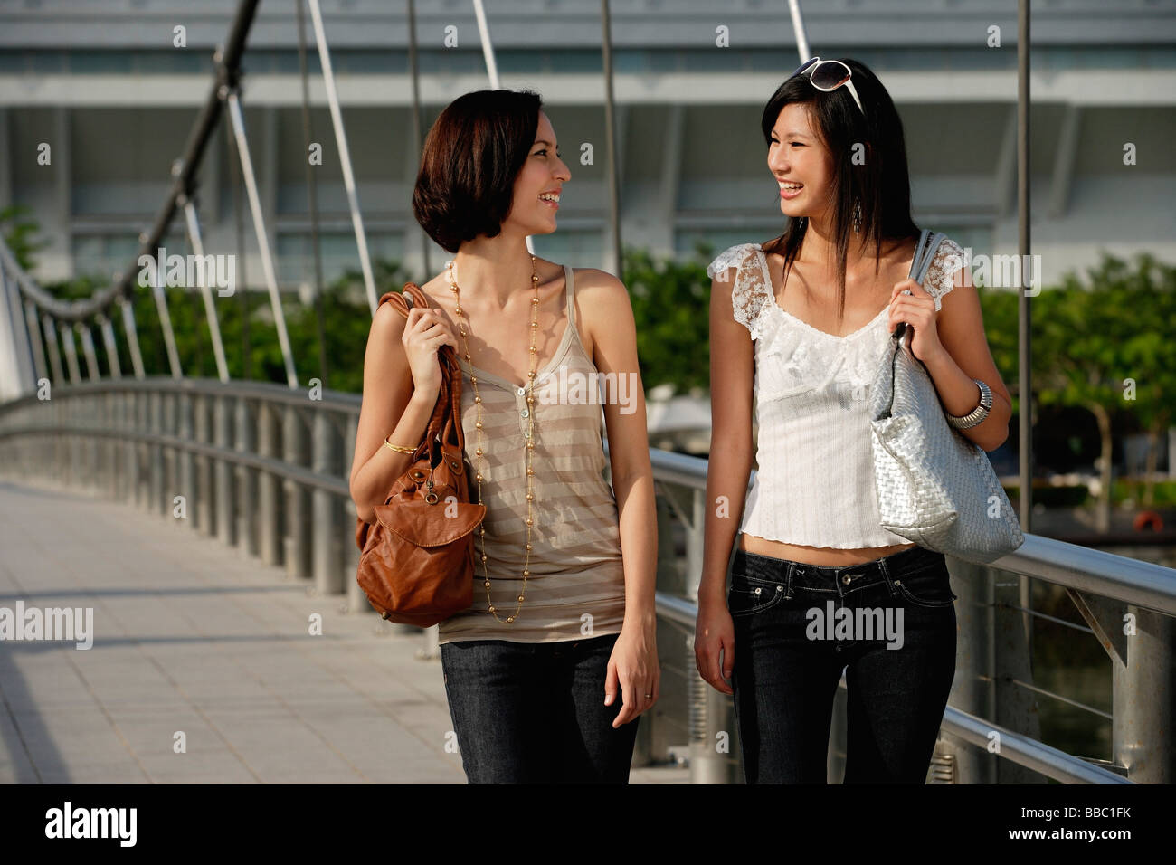 Two friends walk across a bridge together Stock Photo - Alamy