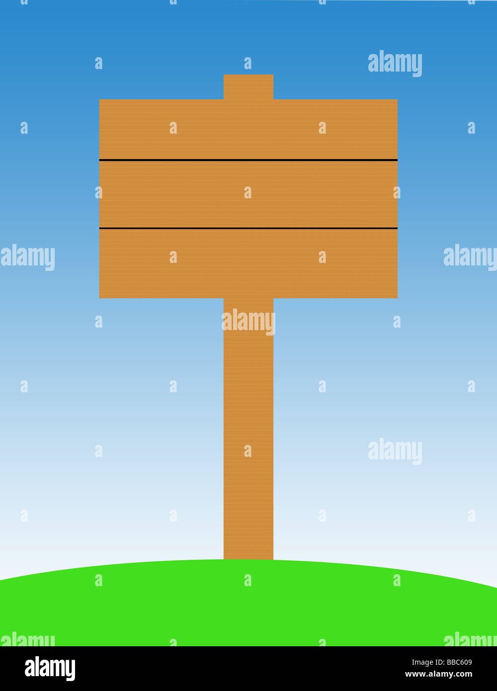 Blank sign post or notice board illustration on hill with blue sky background Stock Photo - Alamy