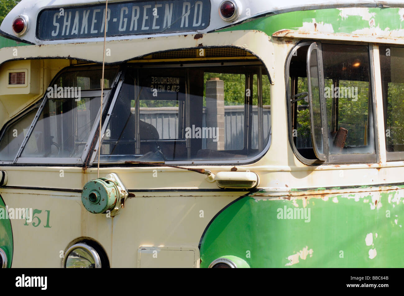 An electric powered bus on rails at the Connecticut trolley museum ...