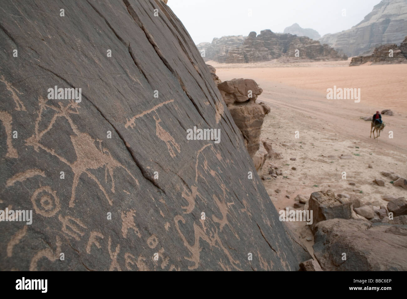 Rock paintings in Wadi Rum desert, Jordan Stock Photo - Alamy