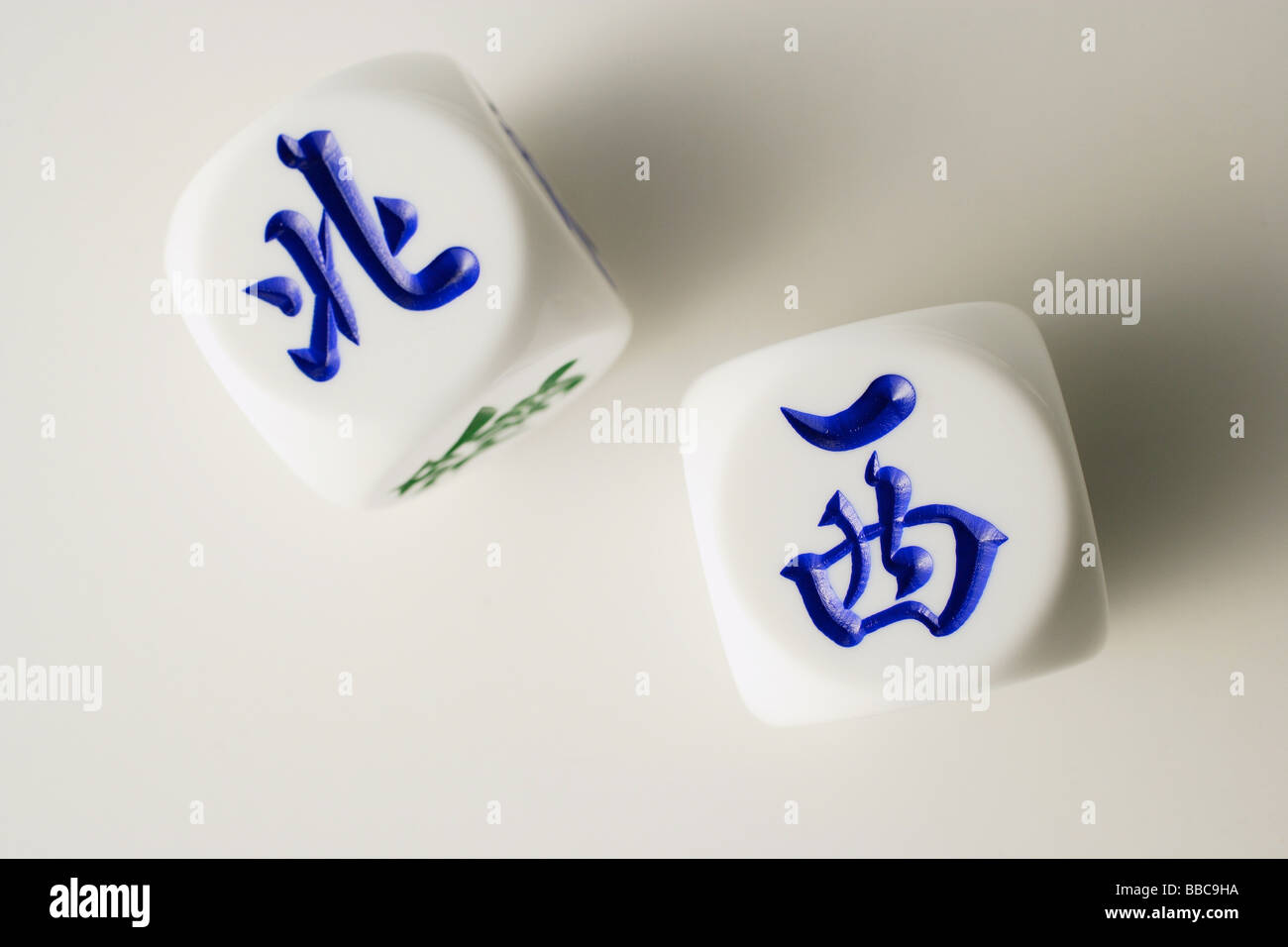 Still life of Chinese dice with the words 'North' and 'West' Stock ...