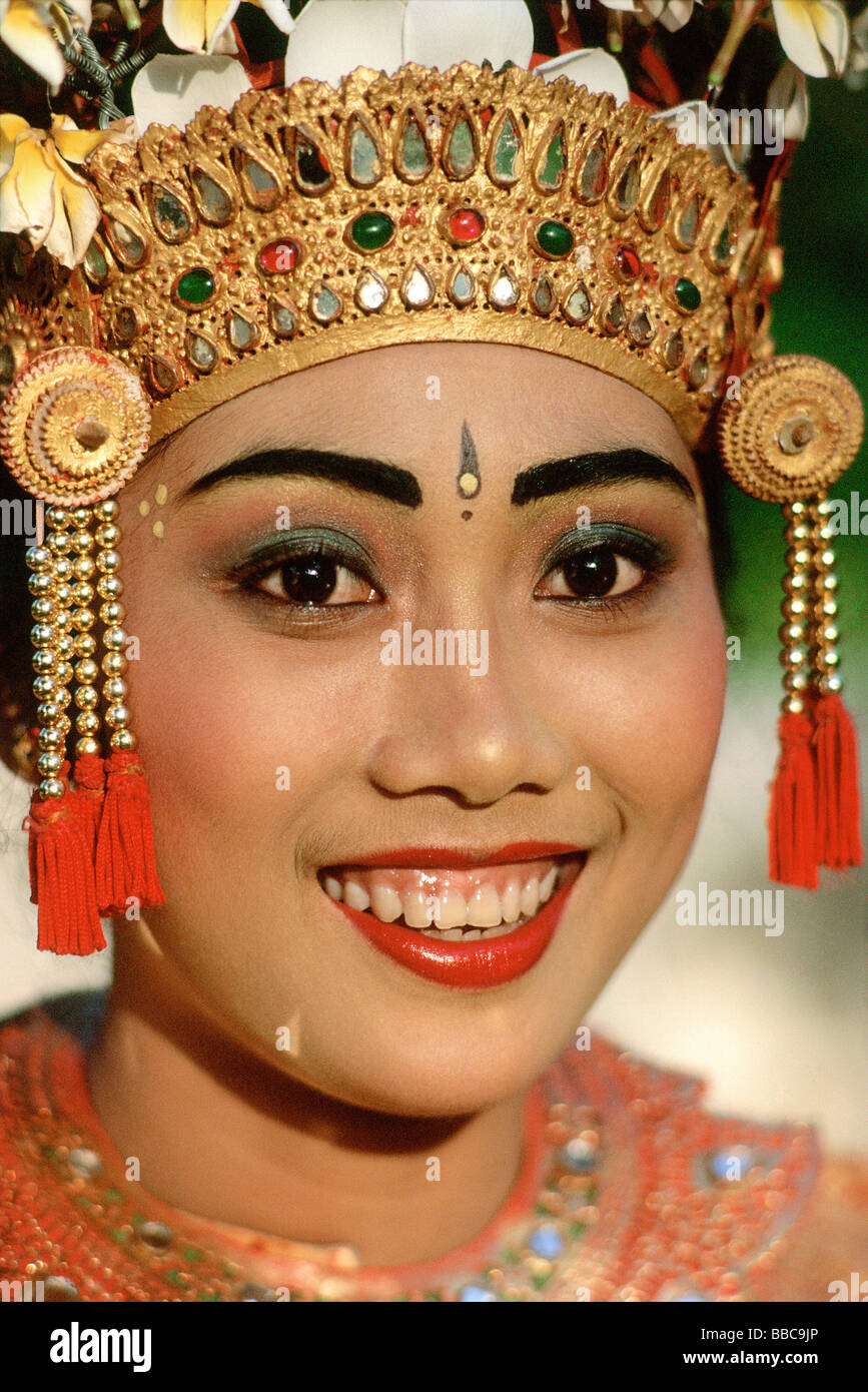 Indonesia, Bali, Ubud, Portrait of Legong dancer in headdress, smiling ...