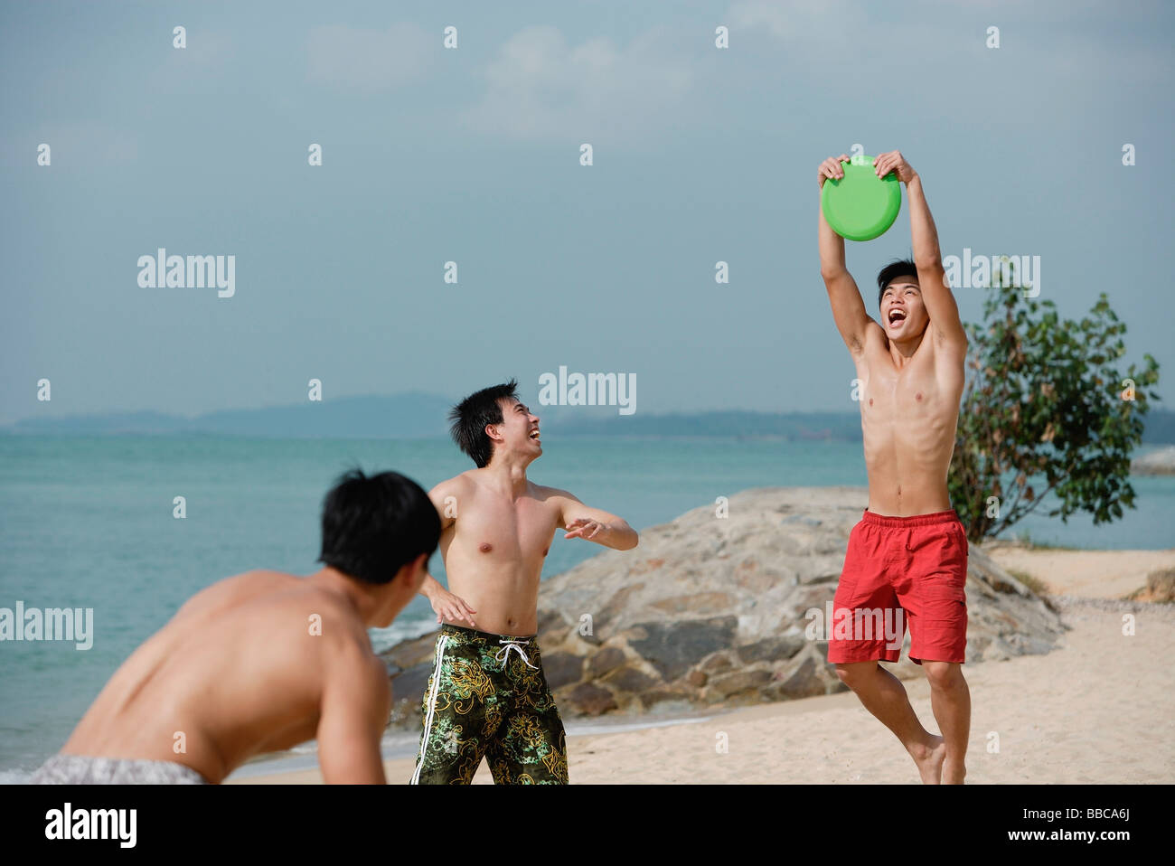 Men on beach playing with Frisbee Stock Photo - Alamy