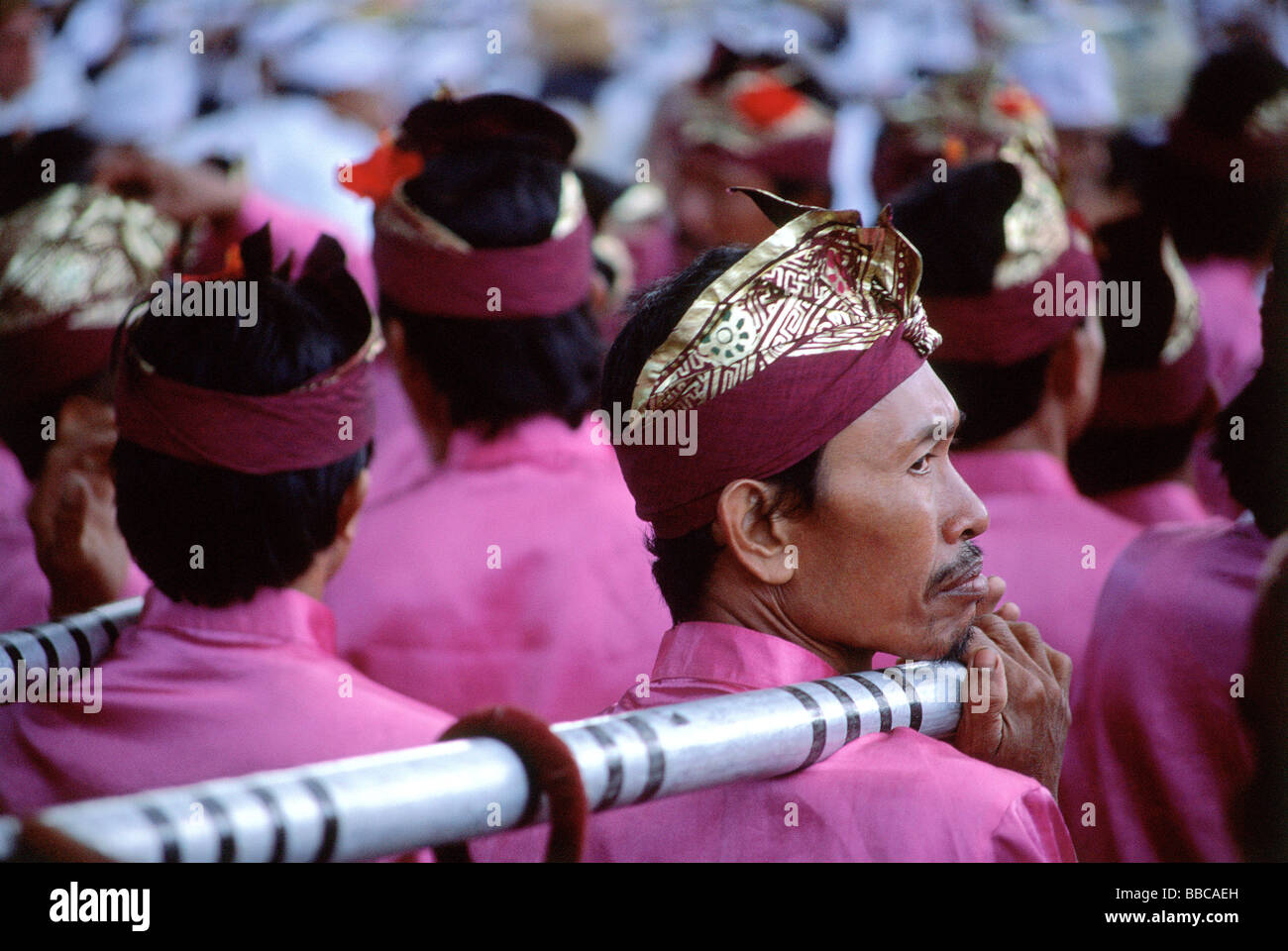 Indonesia, Bali, Besakih Temple, Gamelan players carrying gongs arrive ...