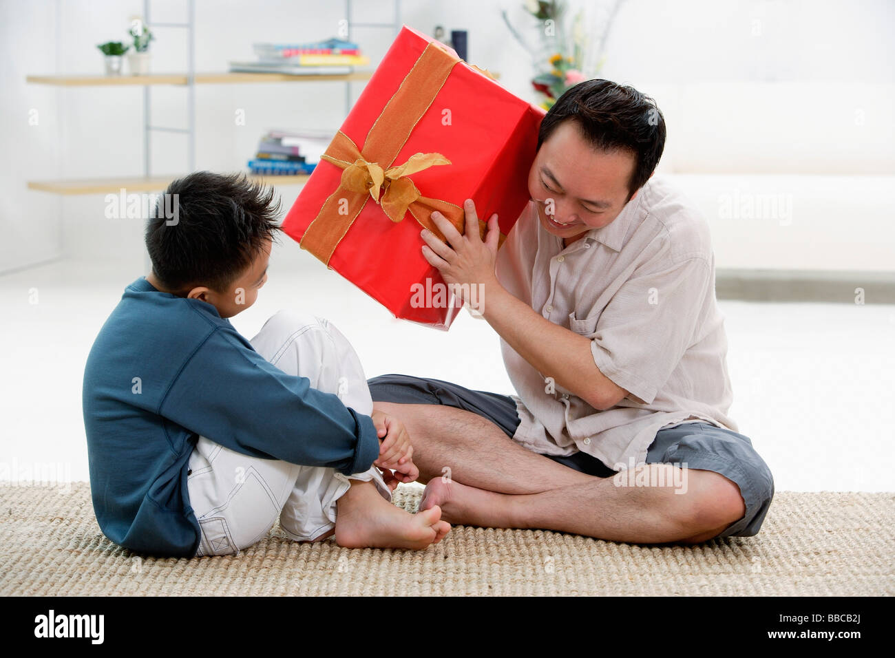Father and son at home, father holding big gift box Stock Photo - Alamy